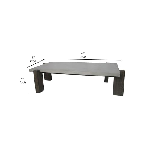 Benjara CID 59 Inch Dining Table, Concrete Surface, Walnut Wood Thick Pedestal Legs, Gray