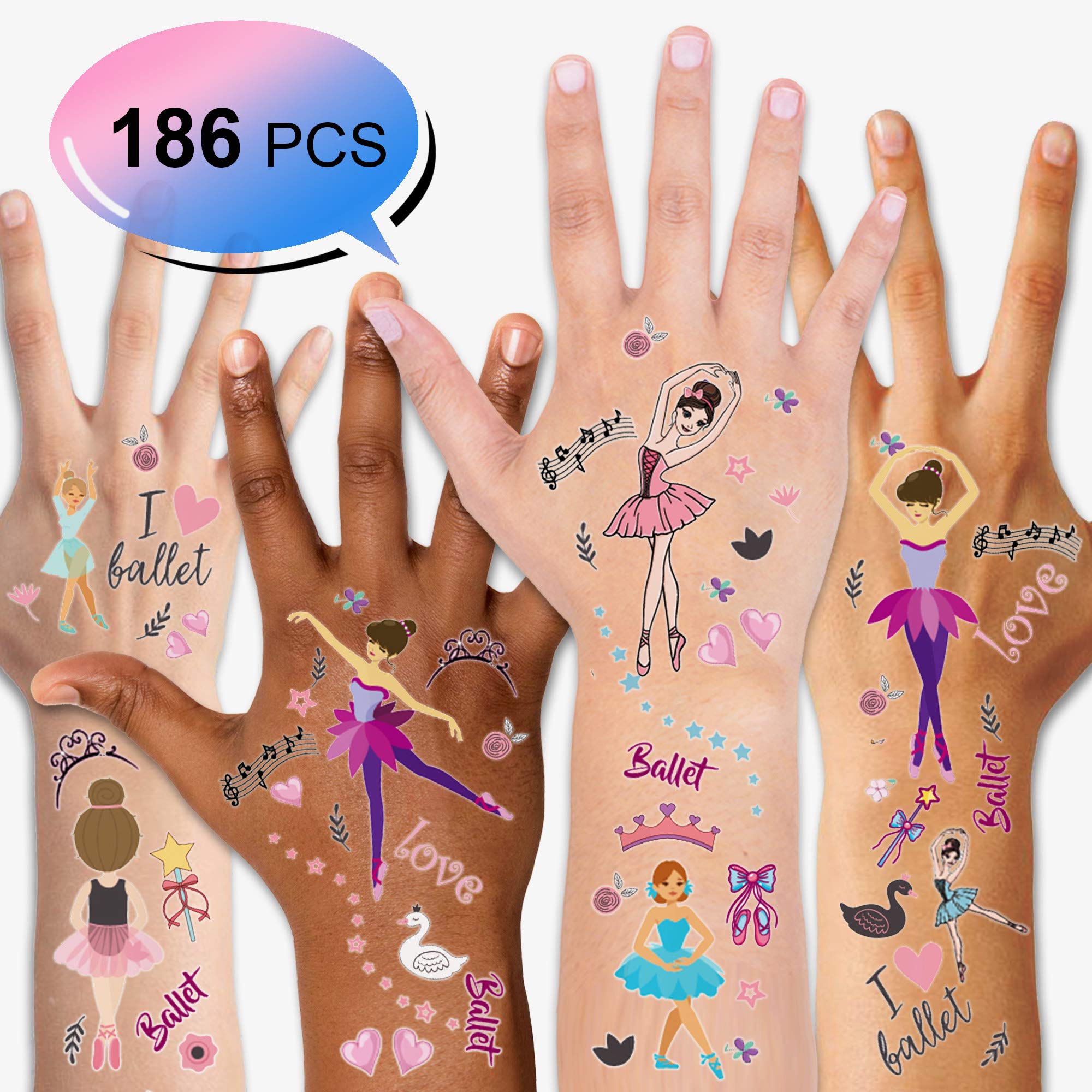 Konsait 186pcs Kids Tattoo Kits, Fake Waterproof Temporary Tattoos Ballet Girls Tattoos for Children's Birthday Party Bags Filler Gift Birthday Party Favors,Dancing Girl Tiara Rose Star LOVE