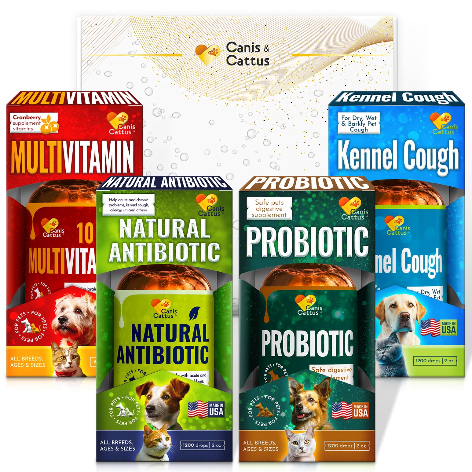 Cat Antibiotic | Dog Antibiotic | Kennel Cough | Cat Probiotic | Dog Vitamins and Supplements | Liquid Probiotics for Dogs | Dog Cough Suppressant | Bundle | 4 Pack