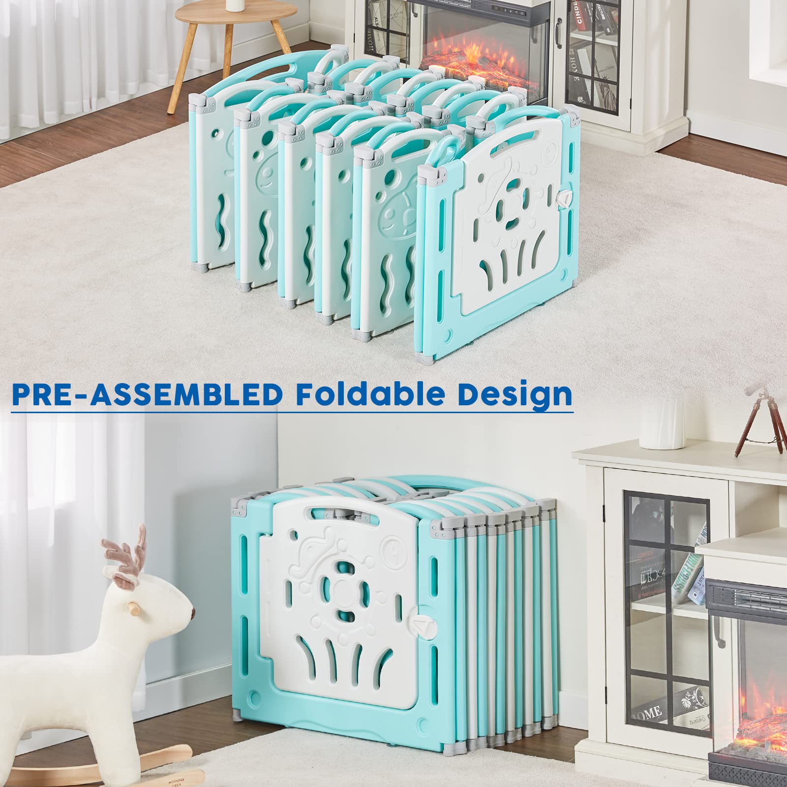 Albott Baby Playpen Playard 18 Panel - Kids Safety Activity Center Foldable Play Fence Safety Lock Gate,Adjustable Shape, Portable Design for Indoor and Outdoors Use Grey+White, 18 Panel