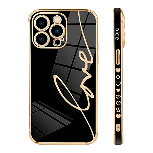 Bonoma Case Love Letter Graphic Plating Luxury Elegant Camera Protector Soft TPU Four Corner Cushion Back Cover Compatible with iPhone 14 Pro Max -Black