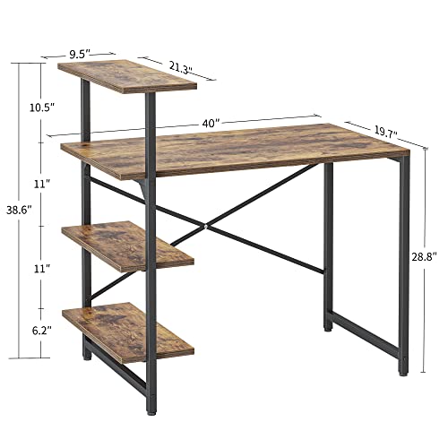 CubiCubi Small Computer Desk with Shelves 40 Inch, Home Office Desk, Study Writing Office Table, 3 Tier Shelf, Brown
