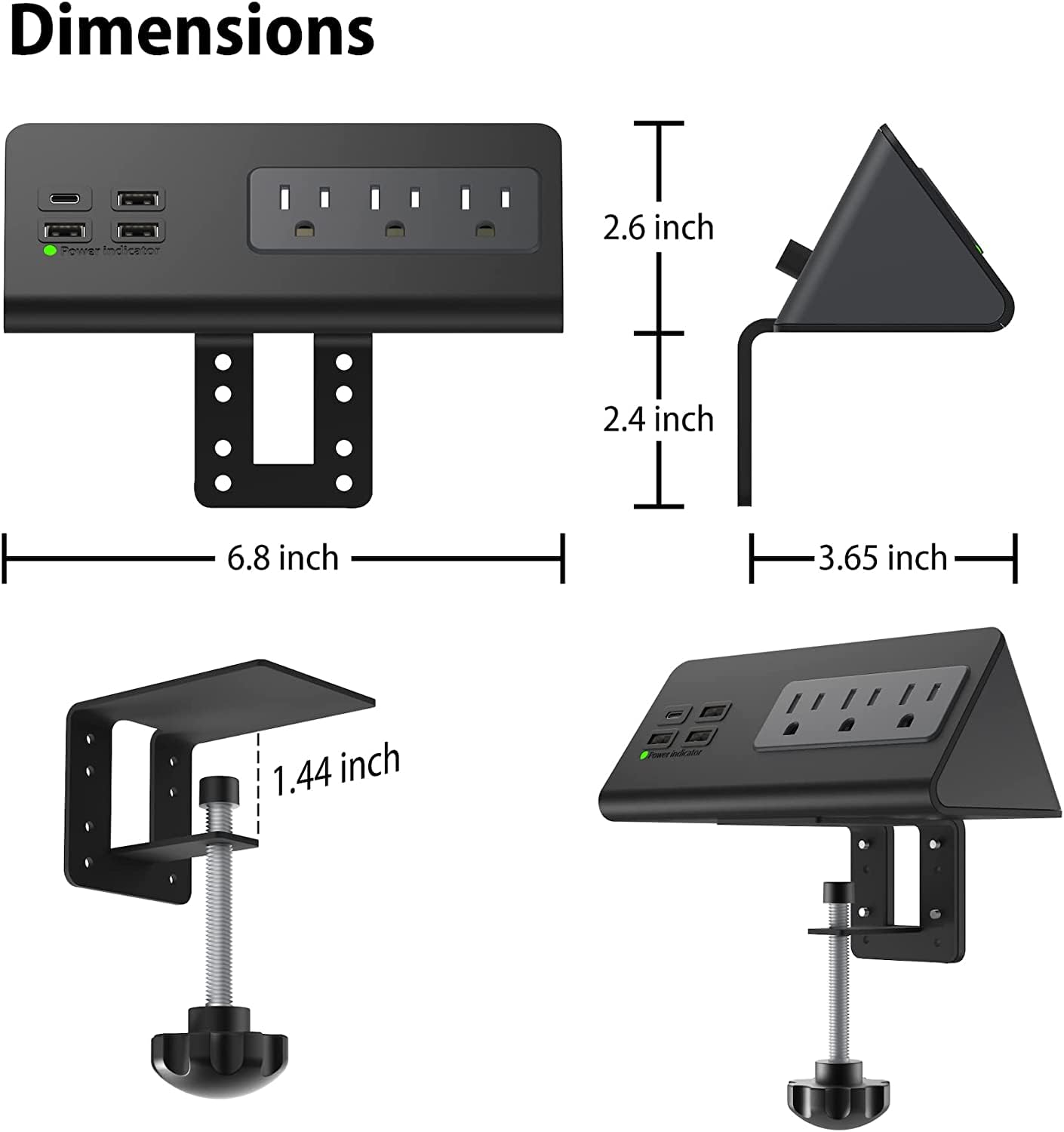 Electriduct Edge Mount Nightstand Charger 6 Amp 1 USB-C Charging Port + 3 USB-A Charging Ports, 3 AC Power Strip Outlets Clamp Desk Power Center - Black