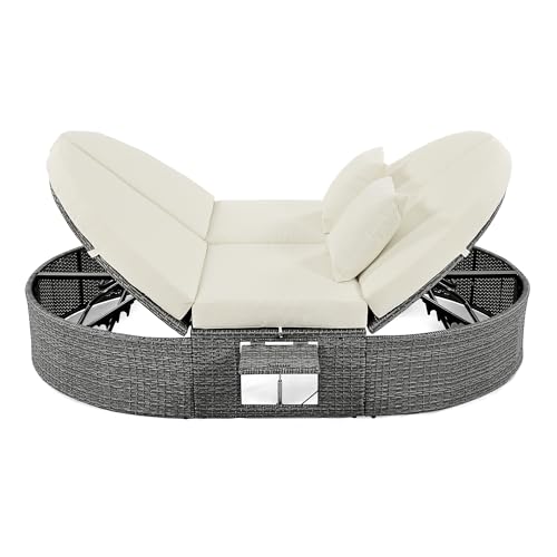 EOVTK Outdoor Rattan Daybed, Multifunctional 2-Person Sun Bed with Cushions and Pillows, Wicker Reclining Chaise Lounge with Adjustable Backrests and Foldable Cup Trays for Lawn, Poolside, Beige