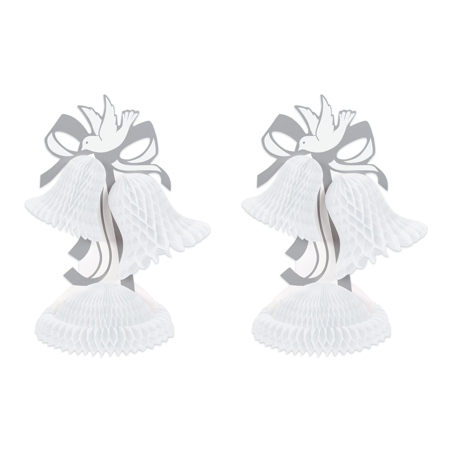 Beistle 2 Piece Honeycomb Tissue Bell Centerpieces for Wedding Decorations, Bridal Shower Décor, Anniversary Party Supplies, 12", White/Silver
