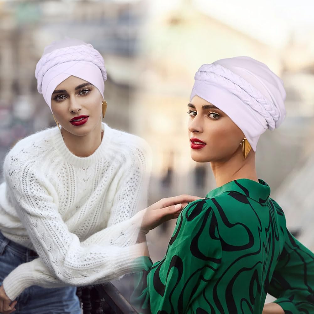 African Women Turban Caps Beanie Twist Headscarf Pre Tied Double Braid Headwrap Hat (White)