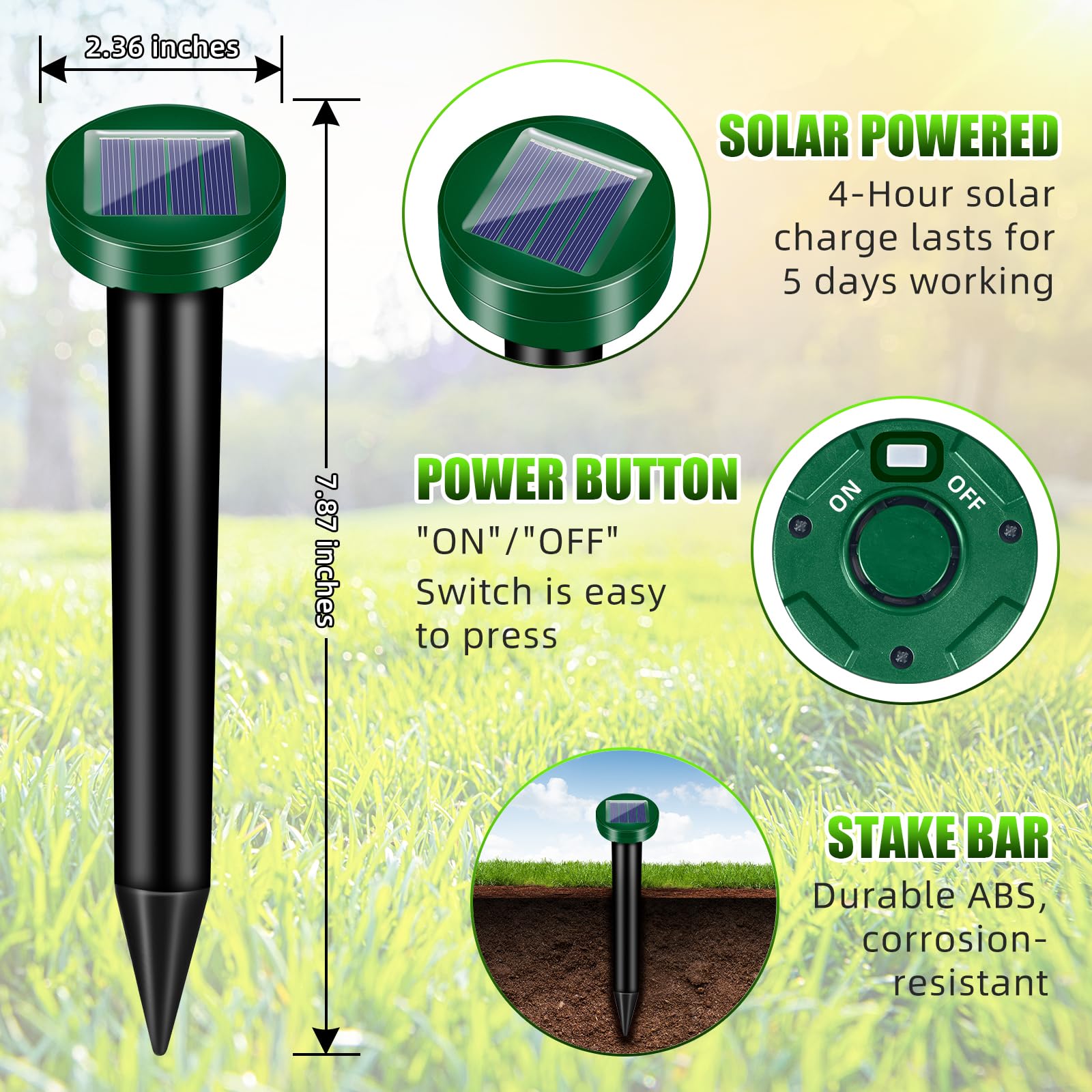 8 Pack Solar Mole Repellent Stakes 2024 Ultrasonic Animal Repellent Outdoor Solar Powered Waterproof Sonic Burrowing Mole Deterrent Spike for Mole Vole Groundhog Gopher Armadillo Snake for Yard Lawn