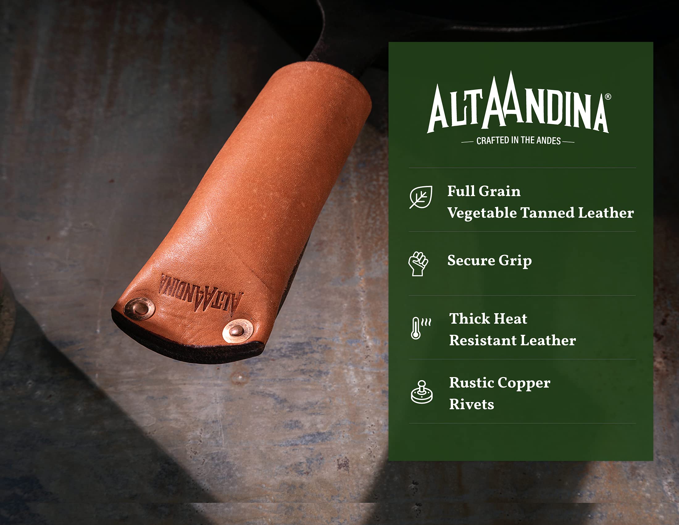 Alta Andina Leather Skillet Handle Cover | Rustic Copper Rivets | Vegetable Tanned Leather Hot Handle Holder for Cast Iron Skillets & Cookware (Brown – Miel)