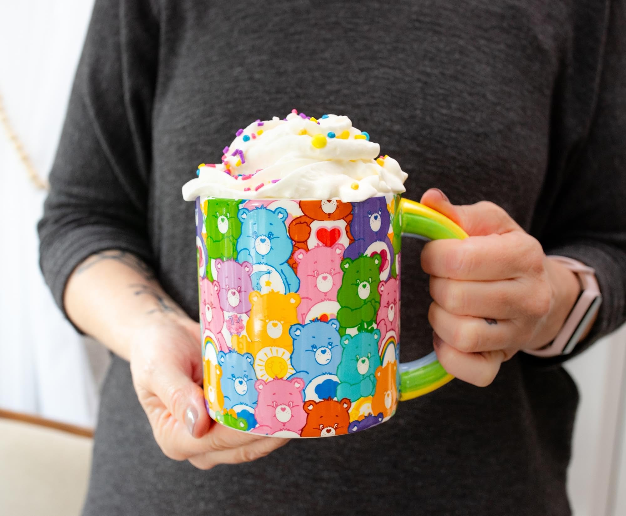 Care Bears Allover Print Ceramic Mug With Rainbow Handle | Large Coffee Cup For Tea, Espresso, Cocoa | Holds 20 Ounces