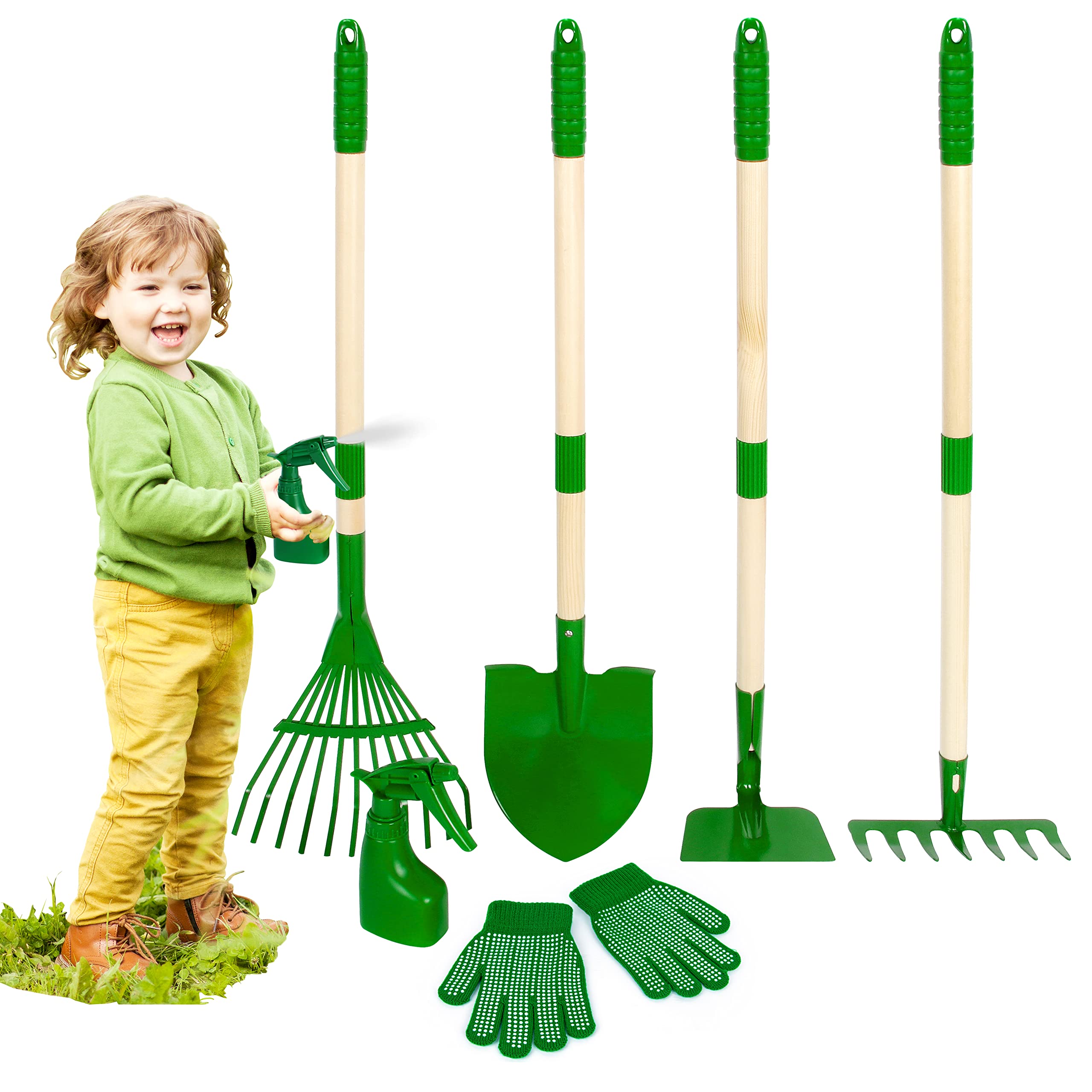 Duckura Kids Gardening Tools Set - 7pcs Garden Tool for Kids with Shovel, Rake, Hoe, Leaf Rake, Outdoor Summer Yard Lawn Digging Toys, Valentine Day Birthday Gifts for Boys Girls Age 2 3+ Years Old