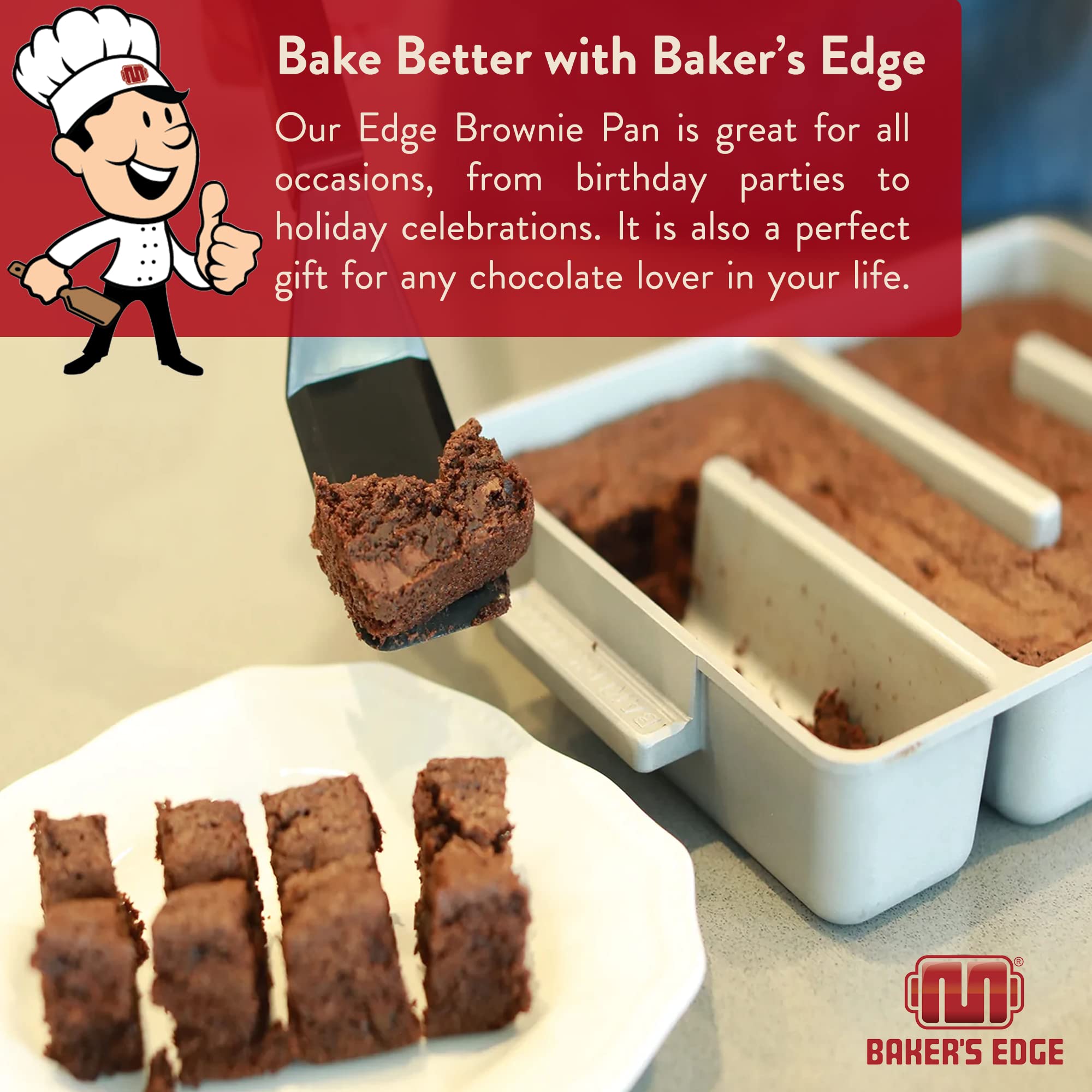 Baker's Edge Brownie Pan, The Original All Edges Brownie Pan for Baking | Premium Doble Nonstick Coating, Heavy Gauge Cast Aluminum Construction, Rectangular 9x12β Size Baking Pan - US Patented Design