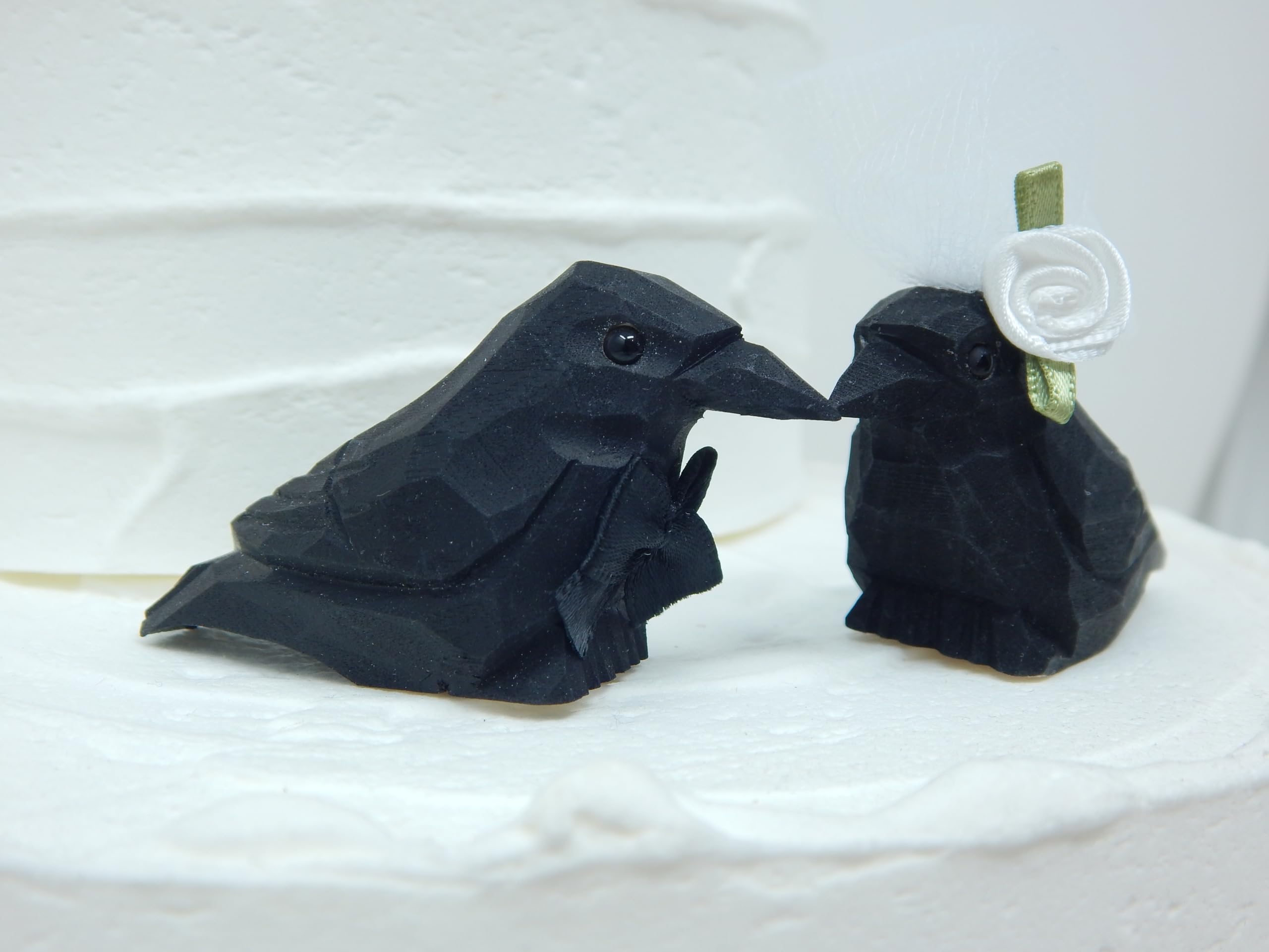 Raven Crow Black Birds Cake Topper Bride & Groom Wedding Engagement Anniversary Carved Wood Statue