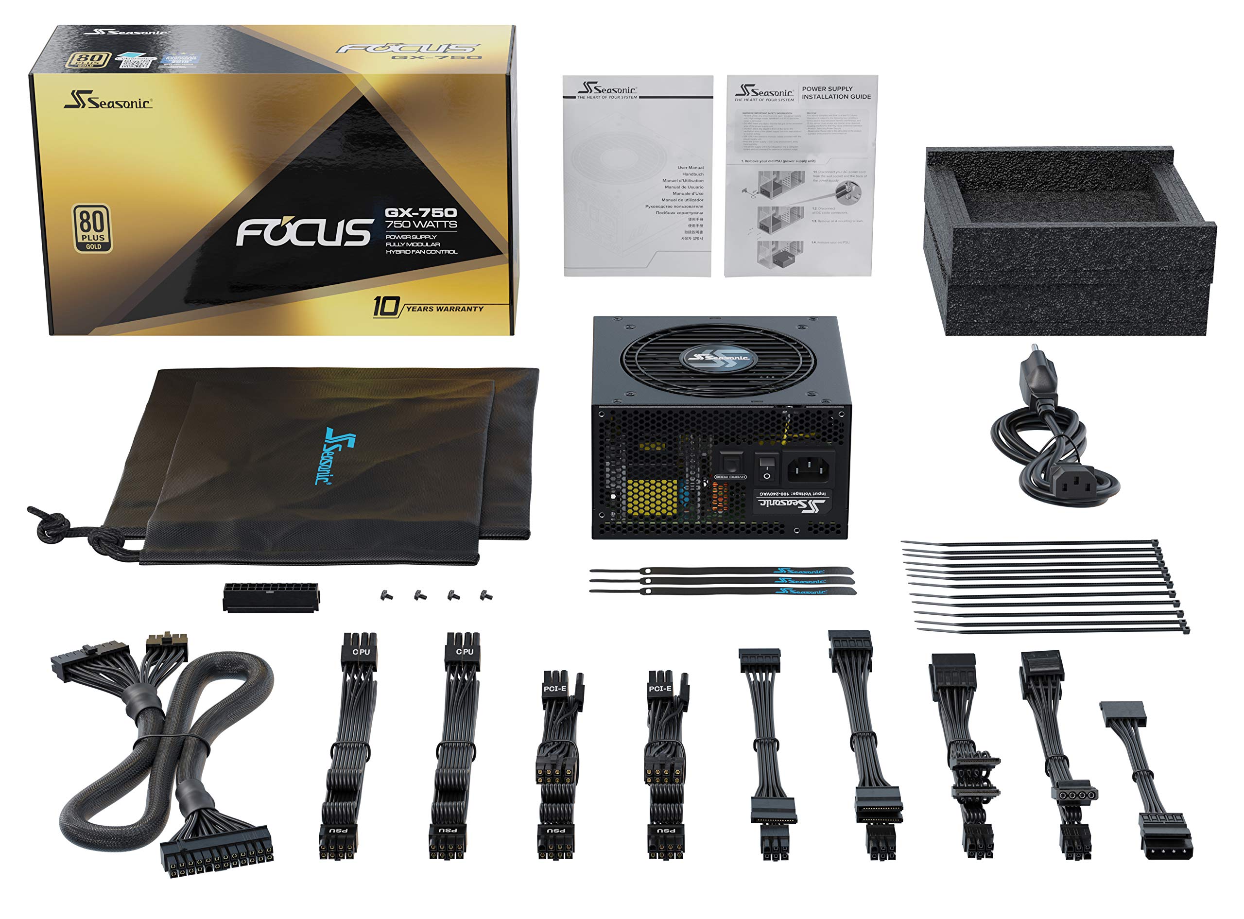 Seasonic FOCUS GX-750 - 750W - 80+ Gold - Full-Modular - ATX Form Factor - Low Noise - Premium Japanese Capacitor - 10 Year Warranty - Nvidia RTX 30/40 Super & AMD GPU Compatible (Ref. SSR-750FX)