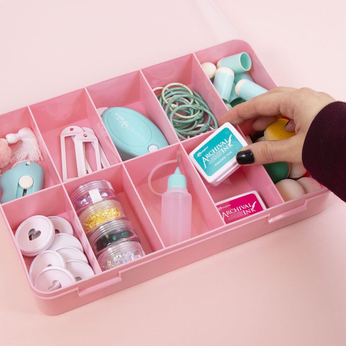 Craftelier - Organizing Box with 10 Compartments for Scrapbooking and Craft Materials | Dimensions 26.5 x 17.8 x 4.2 cm (10.4β x 7β x 1.65") - Pink and Transparent Color
