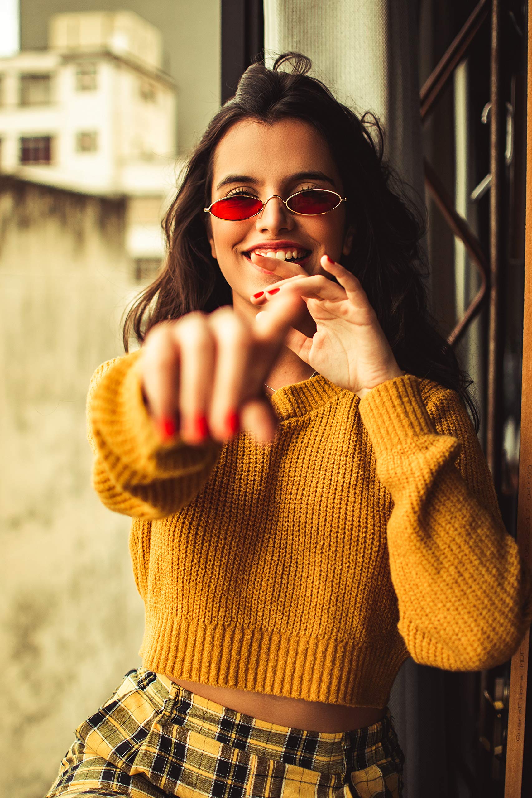 COASION Vintage Small Oval Aesthetic Sunglasses Retro for Women Men Hippie Cool Metal Frame Sun Glasses (Gold Frame/Red Lens)