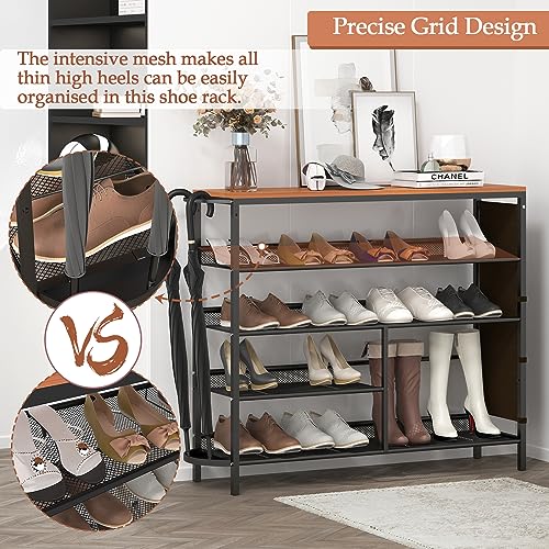 Bonzy Home Shoe Rack For Entryway, 5-Tier Shoe Shelves with Umbrella Holder and Fabric Pockets, Metal Mesh, Flat & Slant Adjustable Free Standing Shoe Racks for 21 Pairs
