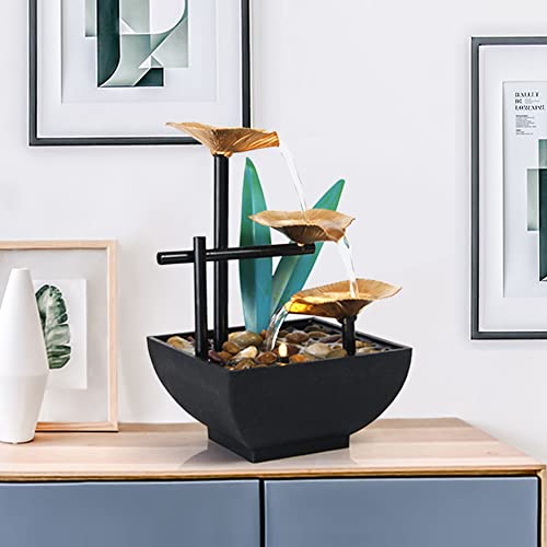 Desktop Waterfall Function,Indoor 3-Tier Gold Lotus Leaf Shaped Tabletop Fountain, with Natural River Rock,Adjustable Automatic Pump