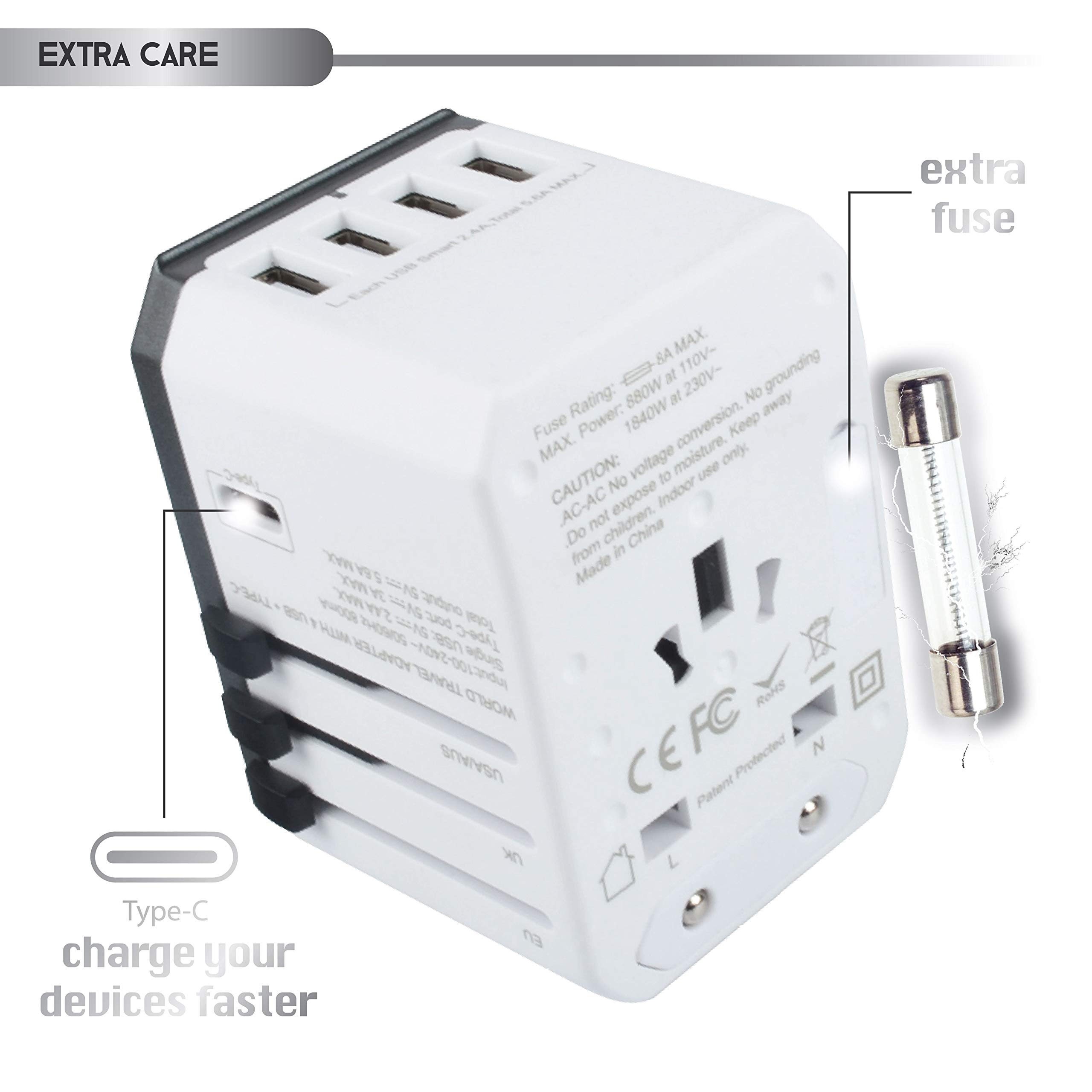 Power Plug Adapter - International Travel (w/5 USB Ports and USB Type C)- Work 150+ Countries - 220 Volt Travel Adapter - Type C A G I A/C - UK Japan China EU Europe European