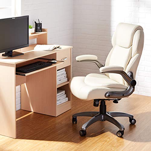 AmazonCommercial Ergonomic High-Back Bonded Leather Executive Chair with Flip-Up Arms and Lumbar Support, Cream