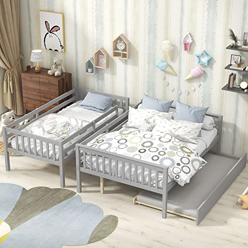 DEYOBED Twin Over Full Convertable Wooden Bunk Bed with Trundle for Kids Teens Adults