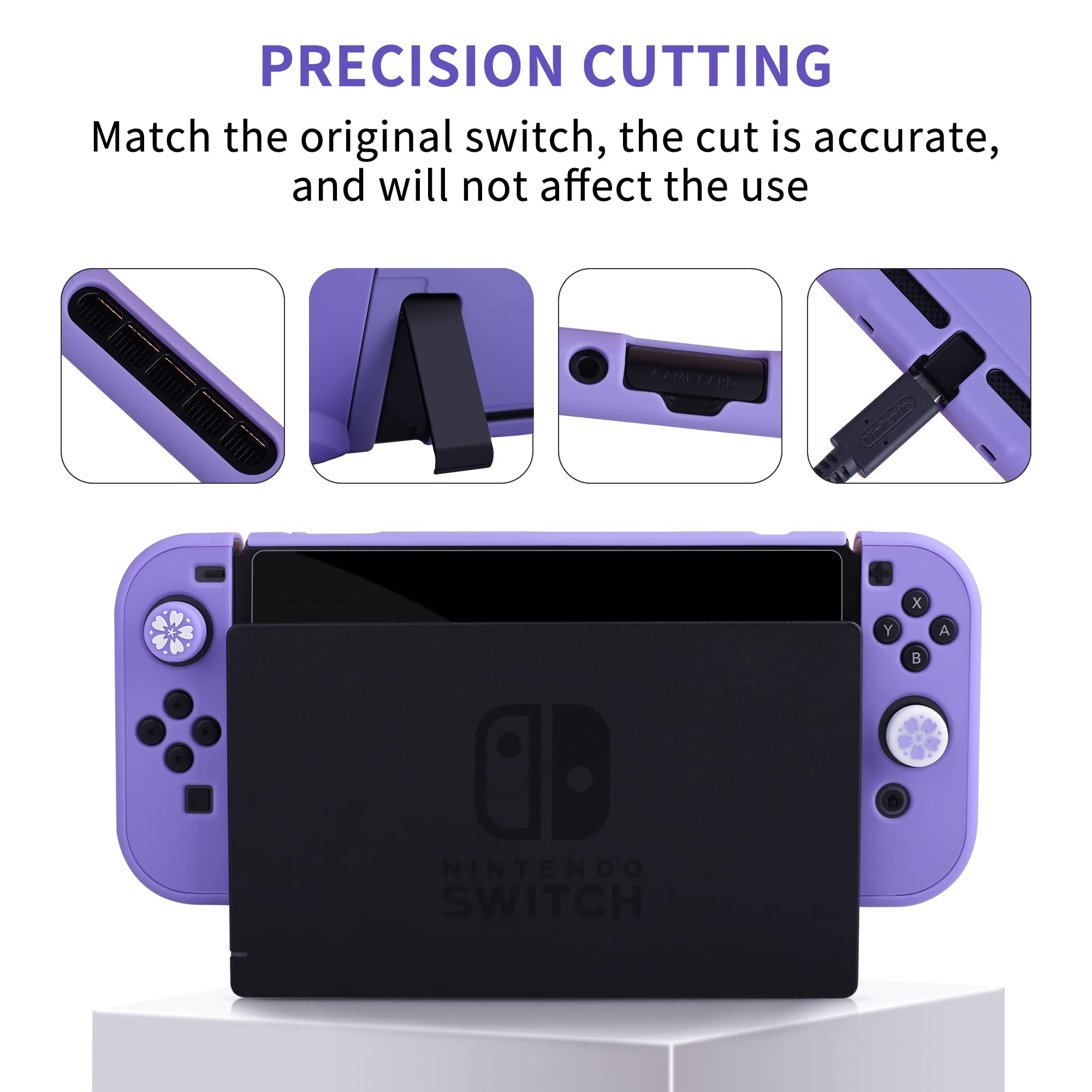 FANPL Case for Nintendo Switch, Hard Shell Cute Protective Case Cover for Switch and Joy Con Controller with 2 Flower Thumb Grips - Comfortable Touch (Purple)