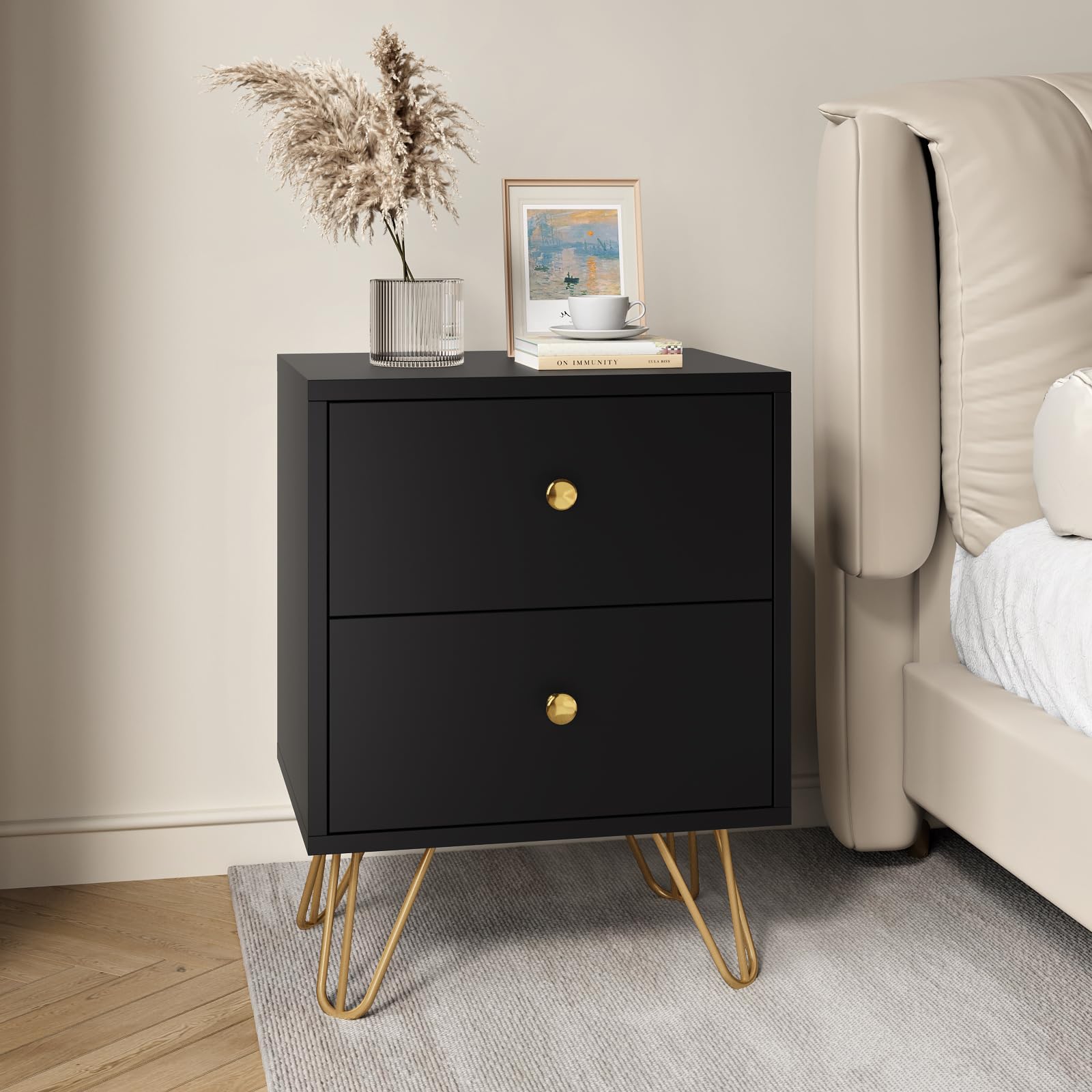 Tradare Black Nightstand Set of 2, Black and Gold Night Stand with 2 Drawers, Modern End Table with Metal Legs and Gold Handles, Bedside Table for Bedroom, Hallway