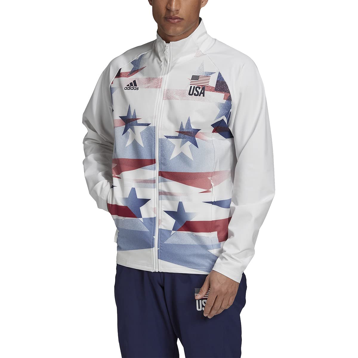 adidas mens USA Volleyball Warmup Jacket Men White/Navy/Team Power Red XX-Large