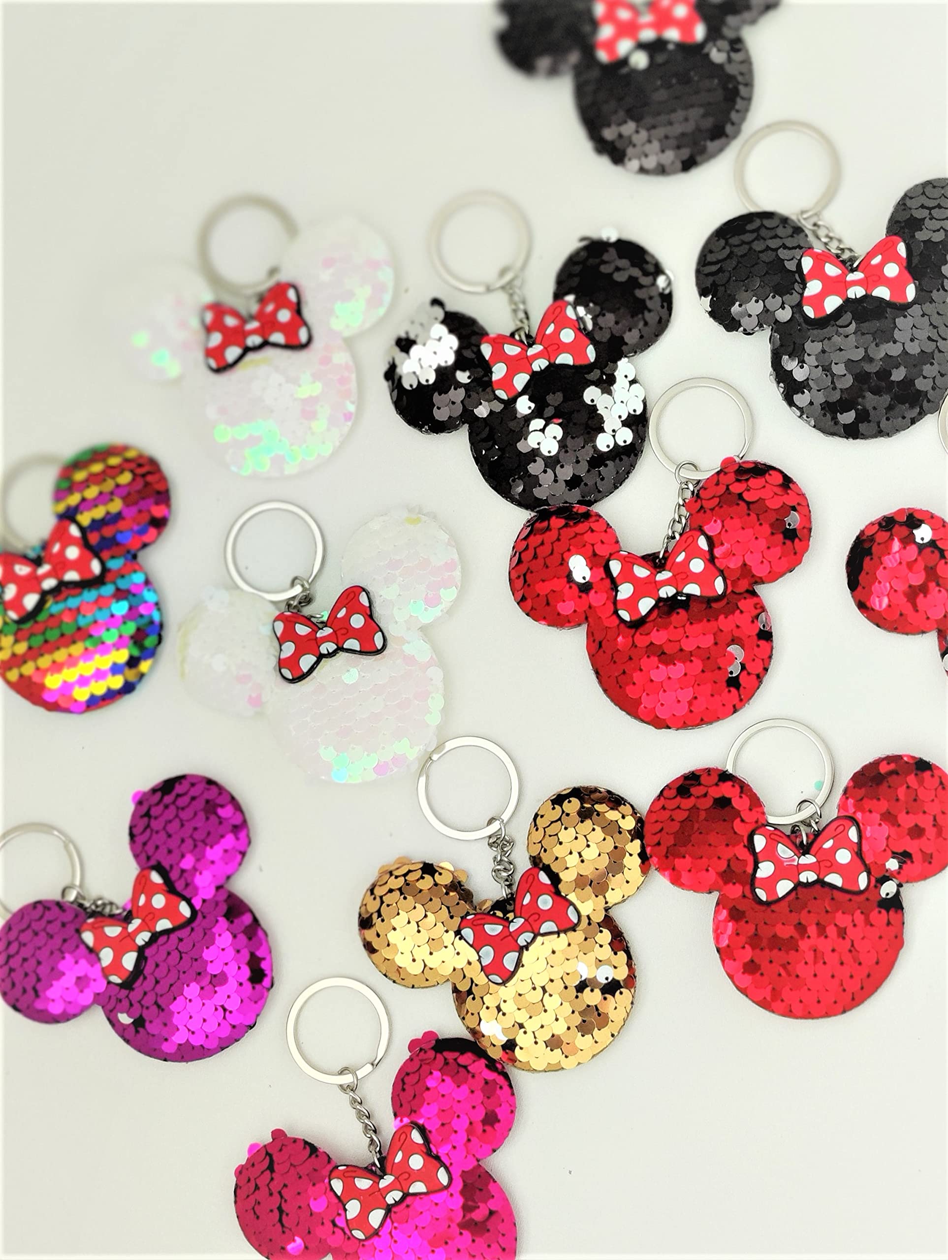 ITISMINE 12 pieces Sparkly BLINK Plush Reversible Sequin 3 inch Key Chain Appeal Backpack Bag Accessories (Minnie Shape), Red Pink Gold Silver Rainbow, 1 size fit all