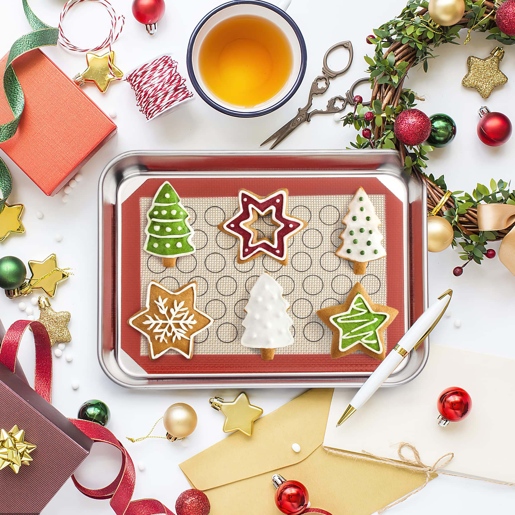 Baking Sheet with Silicone Mat Set of 4 [2 Sheets + 2 Mats], Deedro Stainless Steel Cookie Sheet Baking Pan with Silicone Baking Mat, 9 x 7 x 1 Inch, Non Toxic, Heavy Duty, Easy Clean