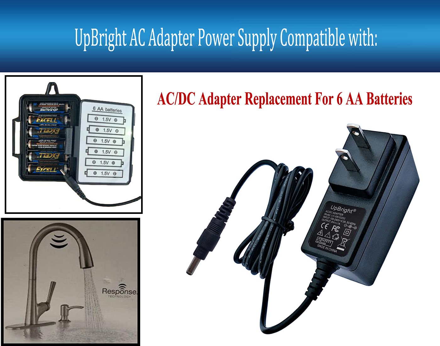 UpBright 9V AC/DC Adapter Compatible with Kohler Malleco Touchless R77748 K-R77748-SD VS K-R77748 K-R31498-NA K-R31498 Electronic Kitchen Sink Faucet for 1.5V x 6 AA Batteries Pack 9VDC Power Supply