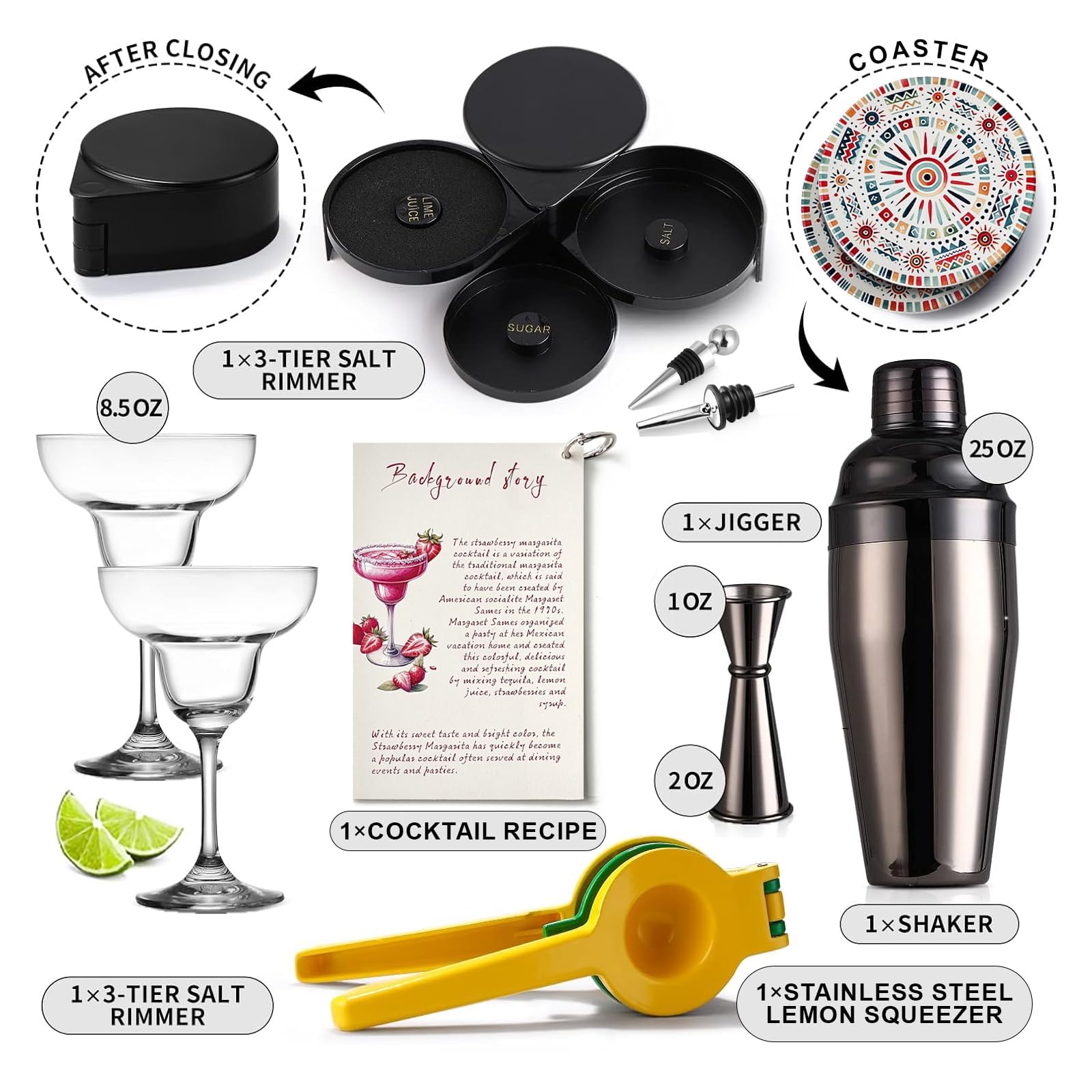 USEEKRIL Margarita Kit - Set of 2 Margarita Glasses (8.5oz), 3-Tier Salt Rimmer, Stainless Cocktail Shaker & Jigger, Coasters,Cocktails Cards,Citrus Squeezer and More - Margarita Kit Gift Set