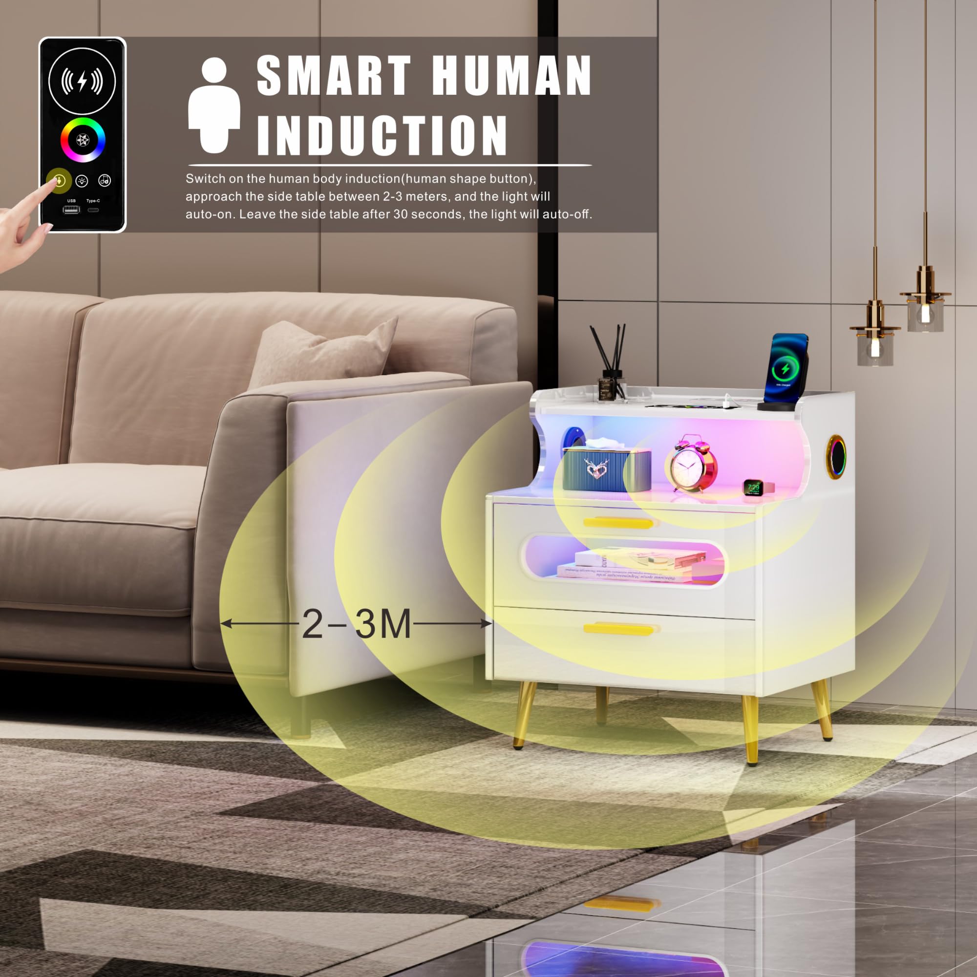 Smart Nightstand with Bluetooth Speaker - Bedside Table with LED Lights & Human Sensor, Modern End Table with Wireless Charging Station, Night Stand with Drawer for Bedroom White
