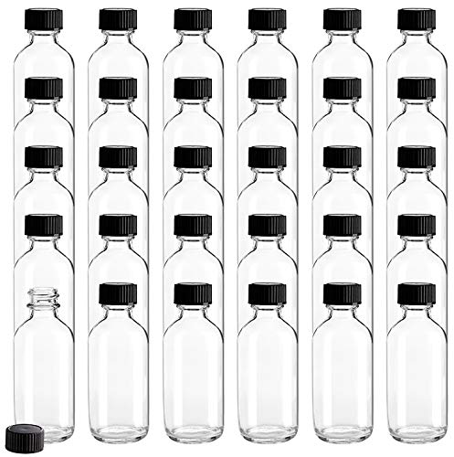 Bekith 30 Pack 2 oz Small Clear Glass Bottles, Boston Round Sample Bottles with Black Poly Cone Cap for Juice, Ginger Shots, Oils, Whiskey, Liquids