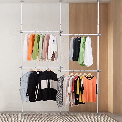 Double Clothing Rack, Adjustable Racks for Hanging Clothes, 2 Tier Clothes Heavy Duty Garment White Closet Freestanding System