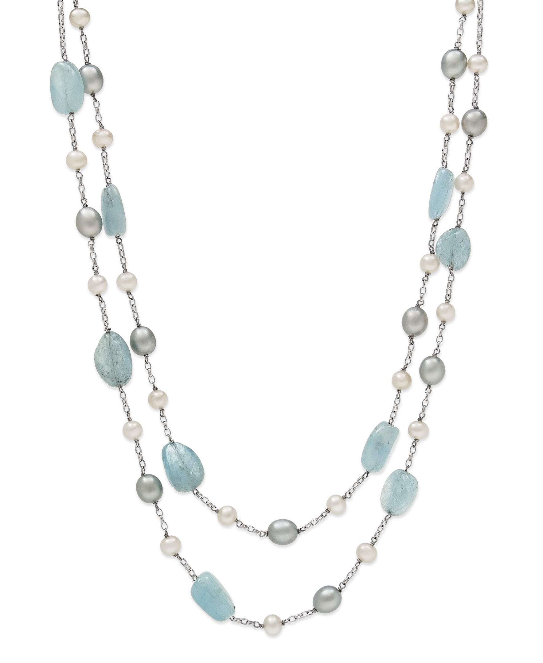 Belacqua Natural Aquamarine & Cultured Freshwater Pearl Necklace and Dangle Earring Set