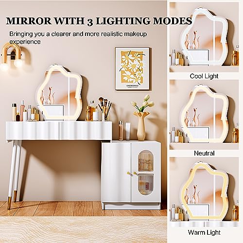 Chrangmay Modern Vanity Desk with Mirror and LED Lights,Retractable Makeup Vanity with 2 Wave Drawers & Cabinet,Writing Desk,for Bedroom,Bathroom, Gift for Girls and Women,White