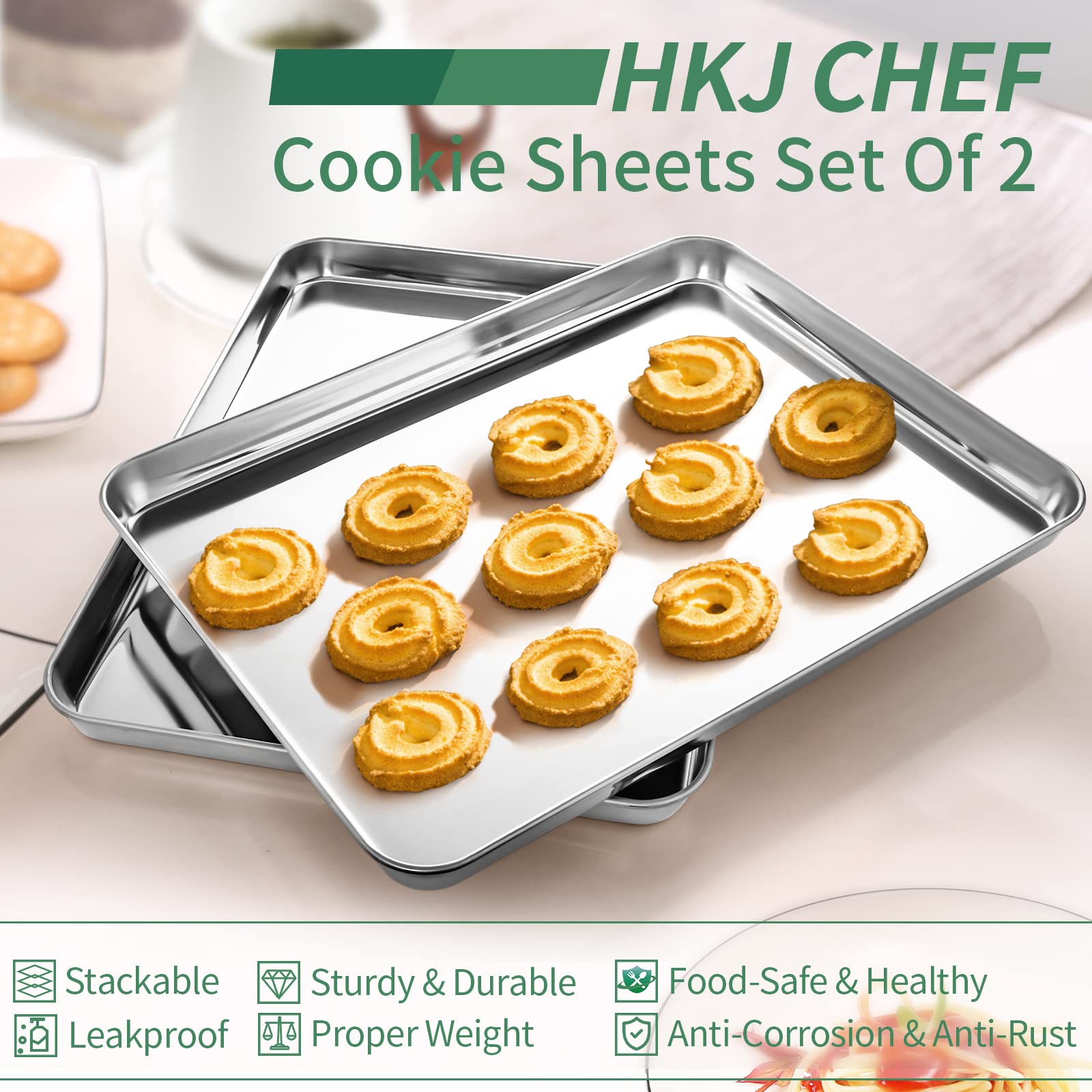 Baking Sheets Set of 2, HKJ Chef Cookie Sheets 2 Pieces & Stainless Steel Baking Pans & Toaster Oven Tray Pans, Rectangle Size 12.5Lx10Wx1H inch & Non Toxic & Healthy & Easy Clean…
