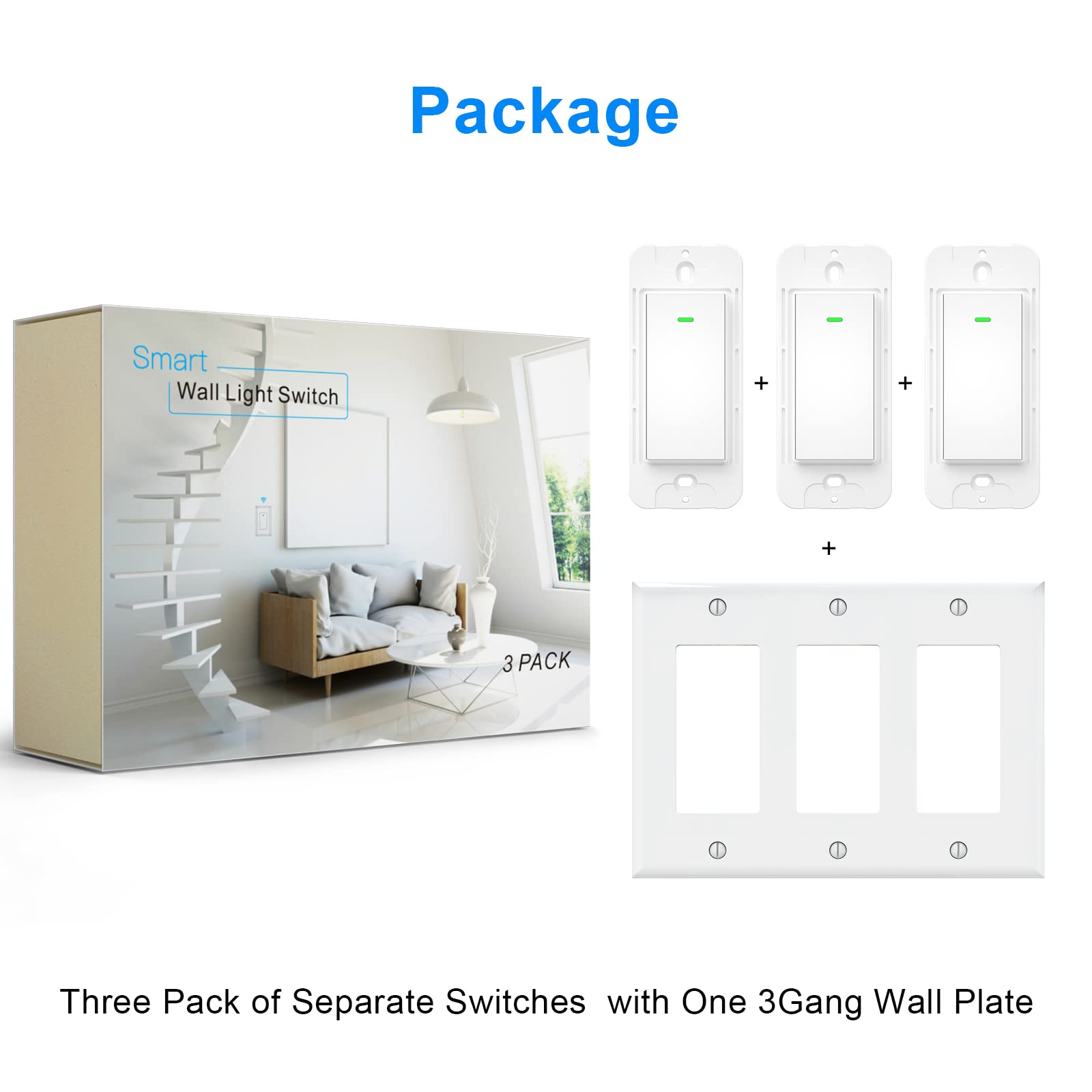 Alexa Light Switch, Smart WiFi Light Switches, Smart Switch 3 Gang，Compatible with Alexa and Google Home, Neutral Wire Needed, No hub Required (3Gang)