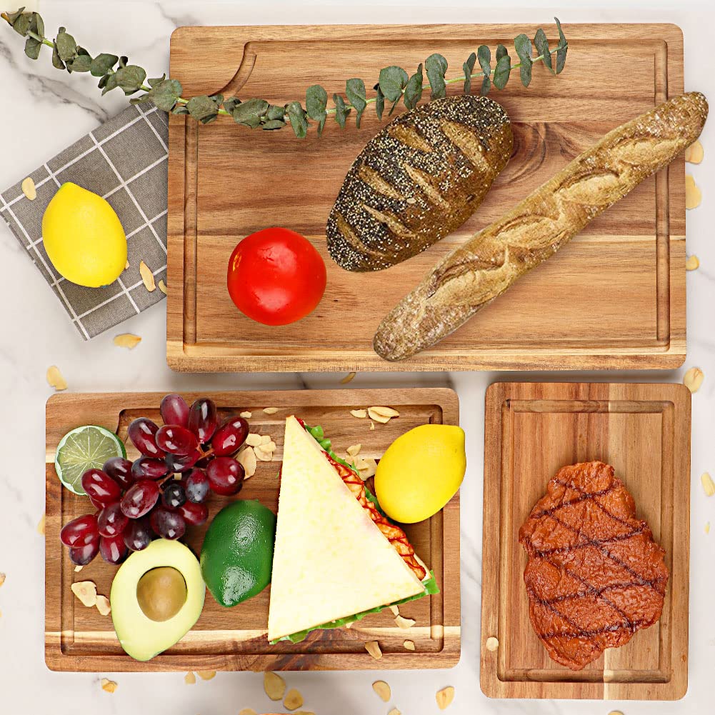 AIDEA Acacia Wood Cutting Board, Cutting Boards for Kitchen Chopping Board with Handle Set of 3 for Meat/Vegetables/Fruits