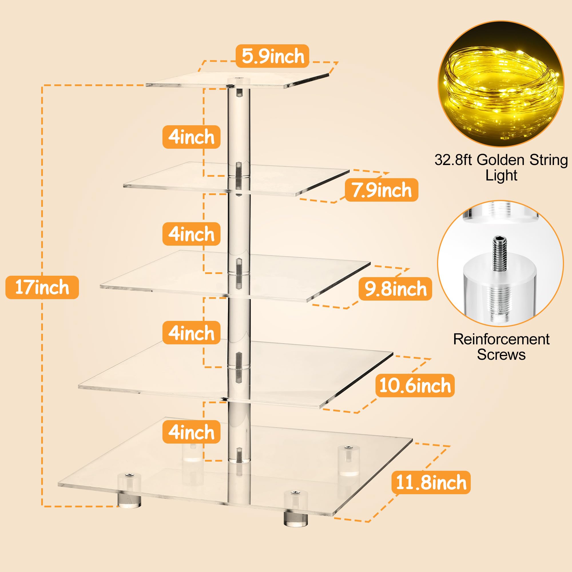 Antimbee 5 Tier Clear Acrylic Cupcake Stand with Gold LED Light String, Square Cup Cake Holder Tower Display
