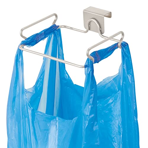 mDesign Over the Cabinet Metal Wire Small Garbage Container, Trash Bag Holder Rack for Recycled Reusable Disposable Plastic Shopping Grocery Bags for Kitchen, Pantry, Garage, Bathroom - Satin