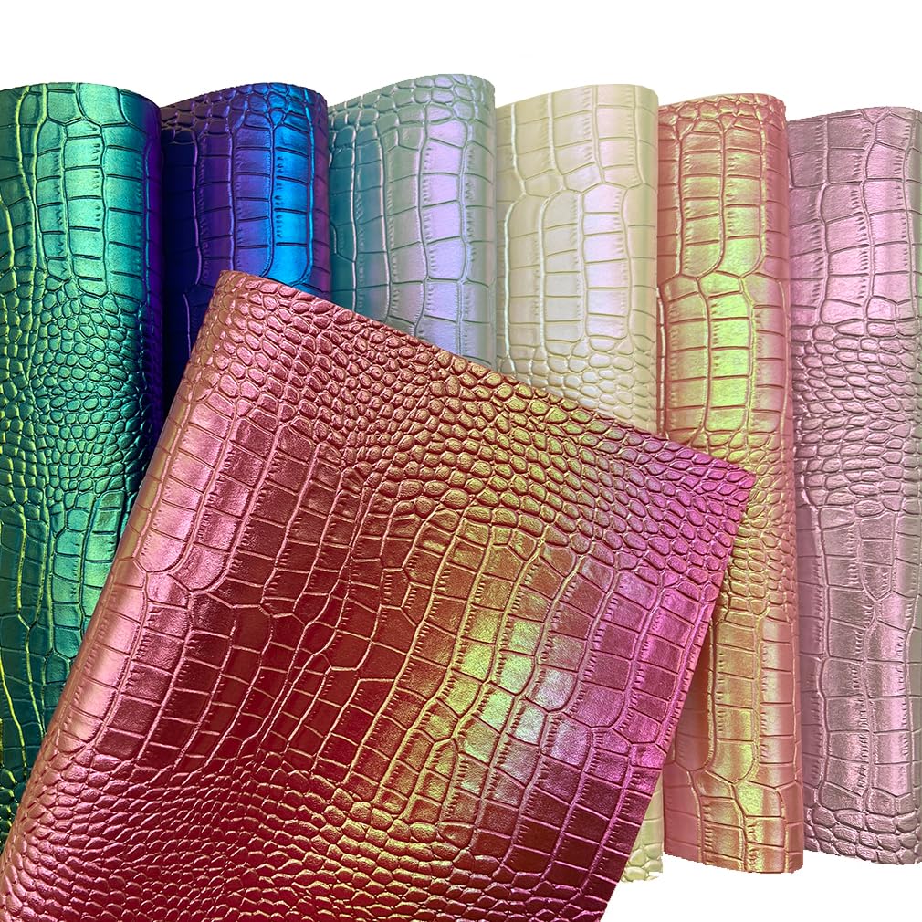 8 x 12 inches Holographic Iridescence Crocodile Faux Leather Sheets, 7pcs A4 Shiny Alligator Textured Synthetic Leather Fabric for Crafts Making Leather Earrings, Bows,Sewing 