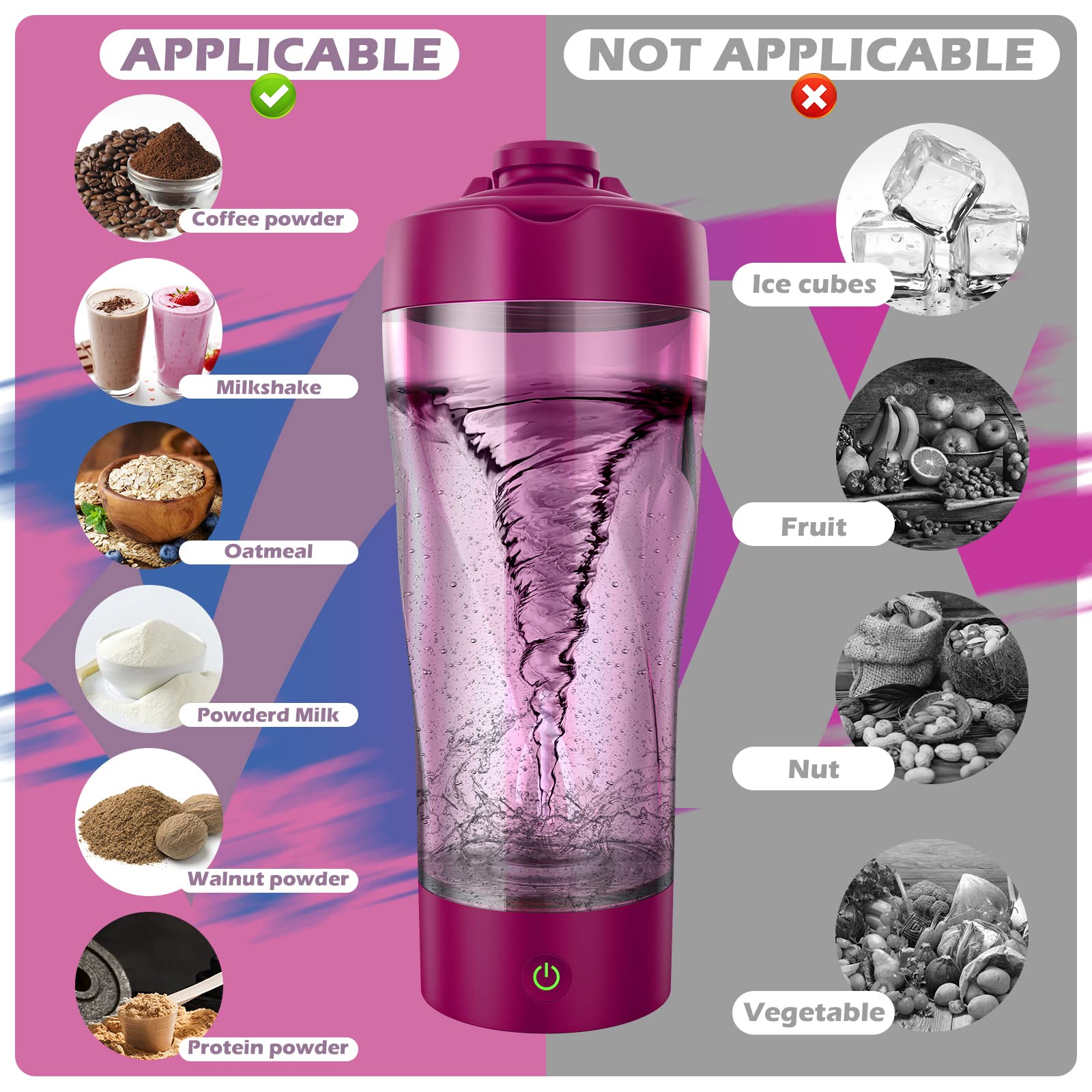 Aidek Electric Shaker Bottle 22oz Bottle for Protein Mixes, Rechargeable, BPA-Free, Portable Protein Shaker - Purple