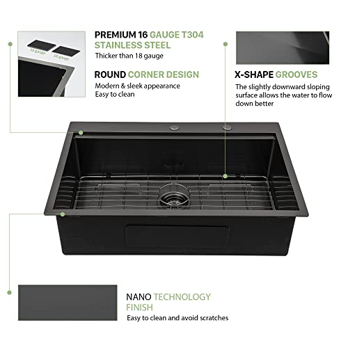 Beslend 28 Black Drop In Workstation Kitchen Sink - 28"x22"x10" Gunmetal Black Stainless Steel Topmount 16 Gauge 10 Inch Deep Sink