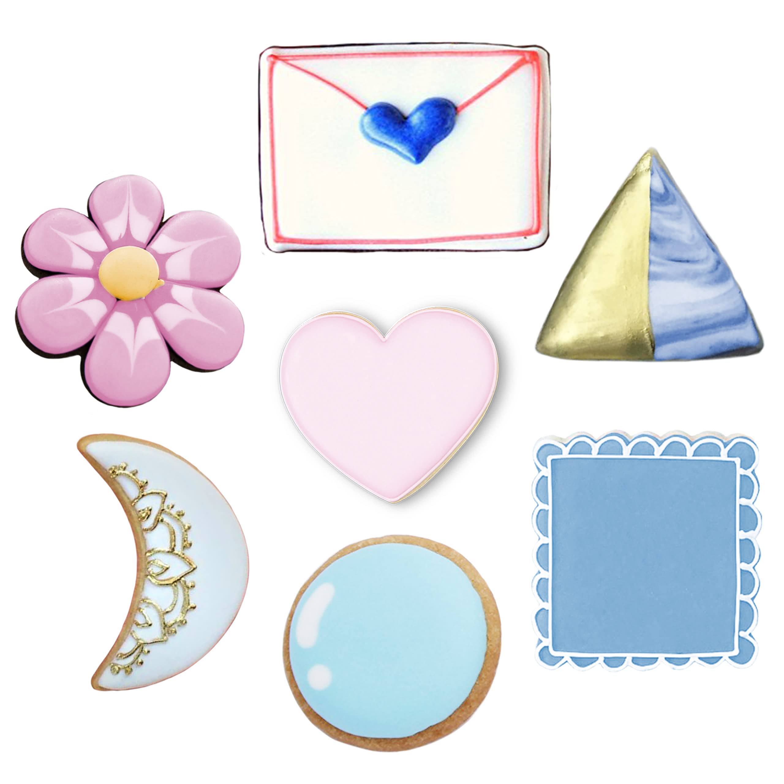 Basic Geometric Classic Shapes Cookie Cutters 7-Pc. Set Made in USA by Ann Clark, Heart, Circle, Square, Rectangle, Triangle, Crescent Moon, Flower