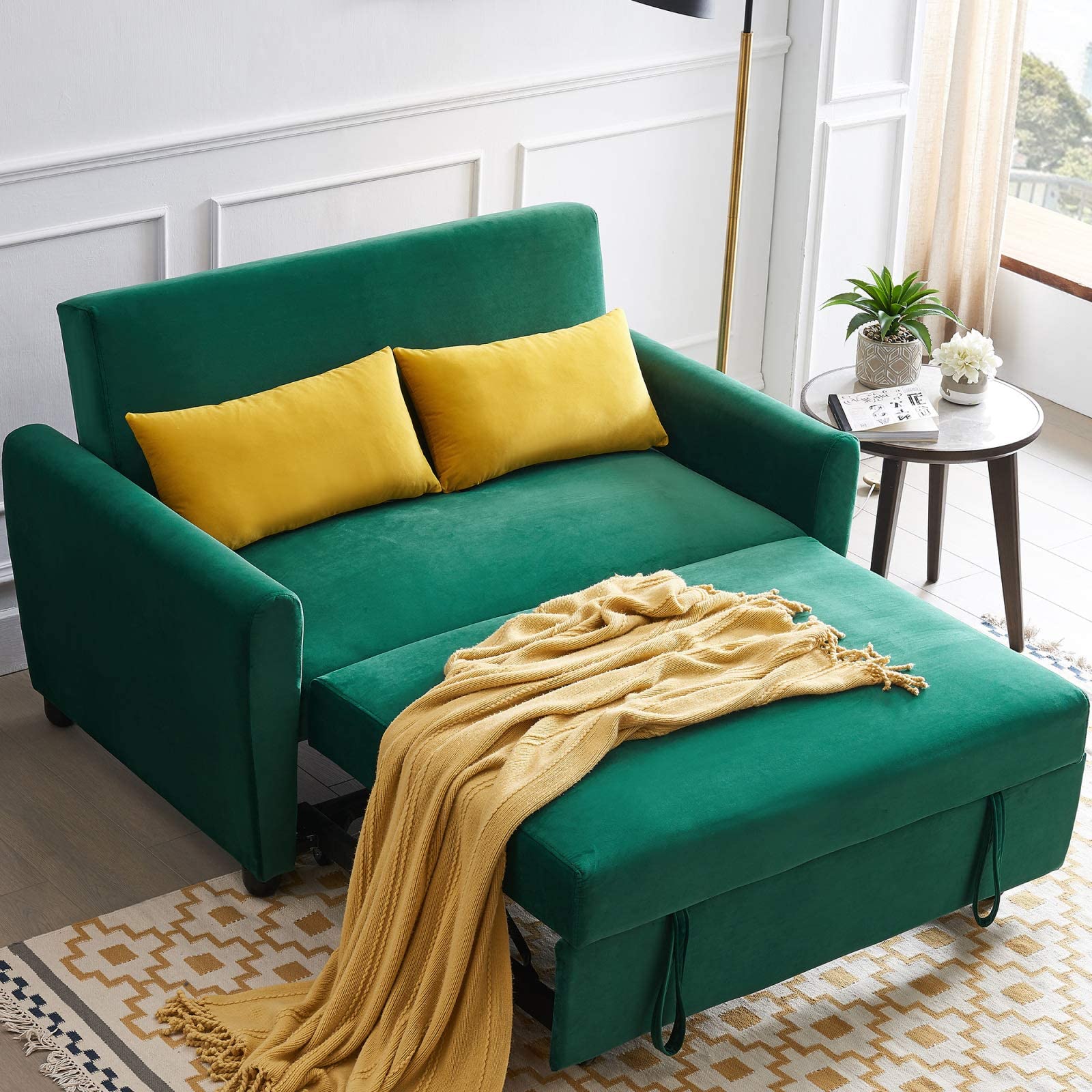 Couch with Pull Out Bed, Sleeper Couch Small Velvet Sofa with 2 Seats Sofa and Reversible Chaise, for Living Room Bedroom Small Space, 2 Lumbar Pillows, Compact, Green