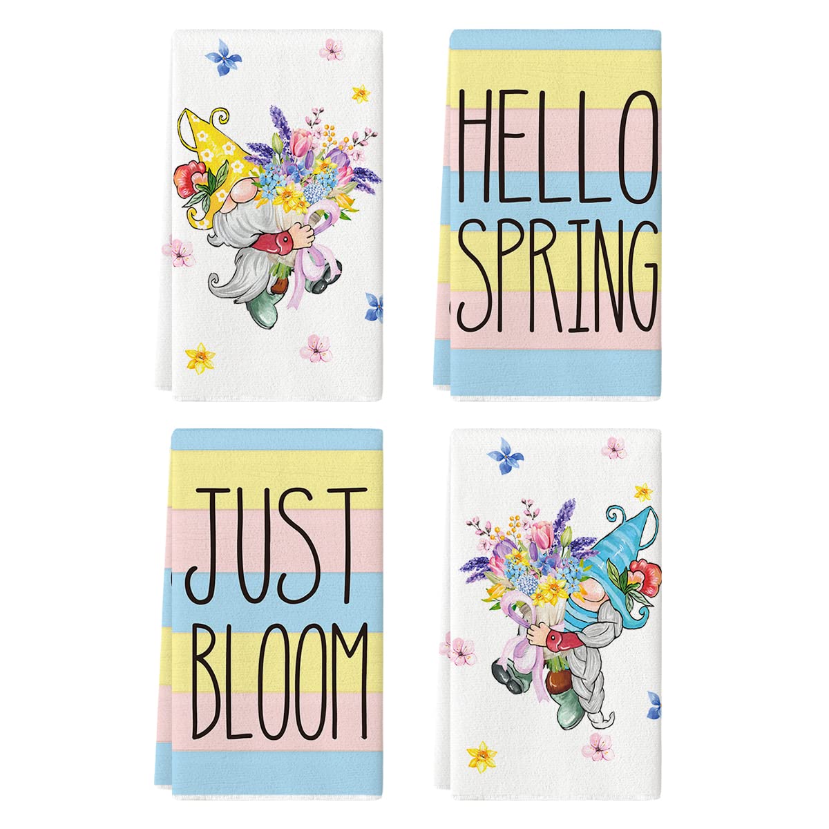 Artoid Mode Stripes Gnome Flower Just Bloom Hello Spring Kitchen Towels Dish Towels, 18x26 Inch Seasonal Decoration Hand Towels Set of 4