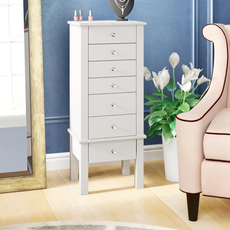 Hives and Honey Kimberly Jewelry Armoire - Modern White Storage Organizer with Divided Drawers and Necklace Hooks - French-Inspired Design with Jewel-Like Pulls - Anti-Tarnish Felt Lining