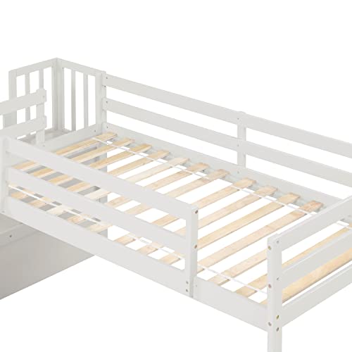 DEYOBED Low Loft Bed with Stairs and Slide - Wood Twin Bed Frame for Kids - Ideal for Boys and Girls - White