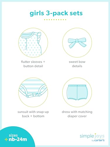 Simple Joys by Carter's Baby Girls' 3-Pack Romper, Sunsuit and Dress, Mint Green Cherry/Navy Stripe/Pink Floral, 3-6 Months